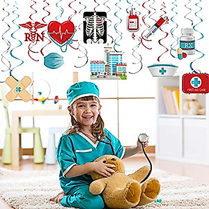 30 Pieces Nurse Party Decoration, Red and Blue Nurse Graduation Foil Ceiling Hanging Swirl Streamers for Medical RN Themed Party Nursing School Party Supplies