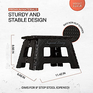 Inspired Living 9" Step Stool, Folding Step Stools for Adults, Plastic Foldable Step Stools Kids, Holds Up To 330 lbs, Collapsible Folding Stool for Kitchen, Bathroom, Bedroom - Black