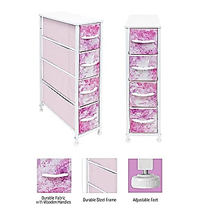 Sorbus Narrow Dresser Tower with 4 Drawers - Vertical Storage for Bedroom, Bathroom, Laundry, Closets, and More, Steel Frame, Wood Top, Easy Pull Fabric Bins (Tie-dye Pink)