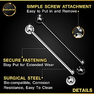 2PCS Stainless Steel Industrial Barbell Stud Scaffold 14 Gauge 1 1/2 38mm 5mm Ball Earrings Piercing Jewelry See More Colors (2pcs 38mm Black)