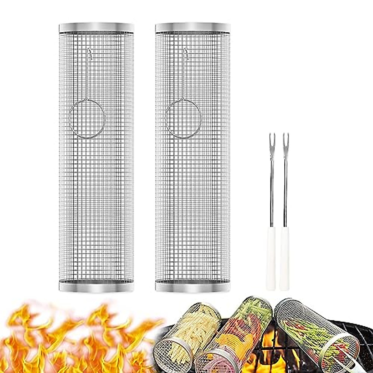 Rolling Grilling Basket-Grill Basket 2 PCS-BBQ Grill Basket, Stainless Steel Grill Mesh Barbeque Grill Accessories, Portable Grill Baskets for Outdoor Grill for Fish, Shrimp, Meat, Vegetables, Fries (3.54 x 3.54 x 11.8 inch)