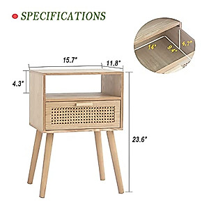 MaxSmeo Modern Nightstand Rattan Side Table with Storage, Farmhouse End Table for Living Room, Bedroom and Small Spaces, Accent Bedside Tables with Solid Wood Legs, Easy Assembly (Natural Walnut)