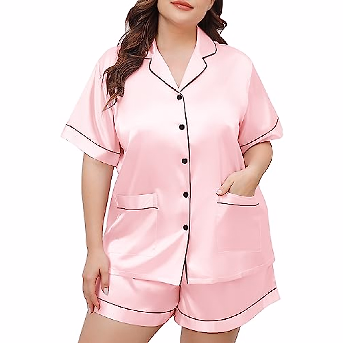 SWOMOG Women's Plus Size Silk Pajamas Button Down Top Pj Satin Shorts Loungewear 2 Pieces Short Sleeve Sleepwear with Pockets Pink