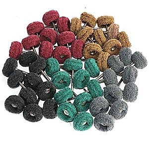 FPPO Abrasive Buffing Polishing Wheel Set for Rotary Tool,Mini scouring pad Brush Polishing kit, Removal of Rust,Deburring on Metal Surface,with 3mm Mandrel (mix50pcs)