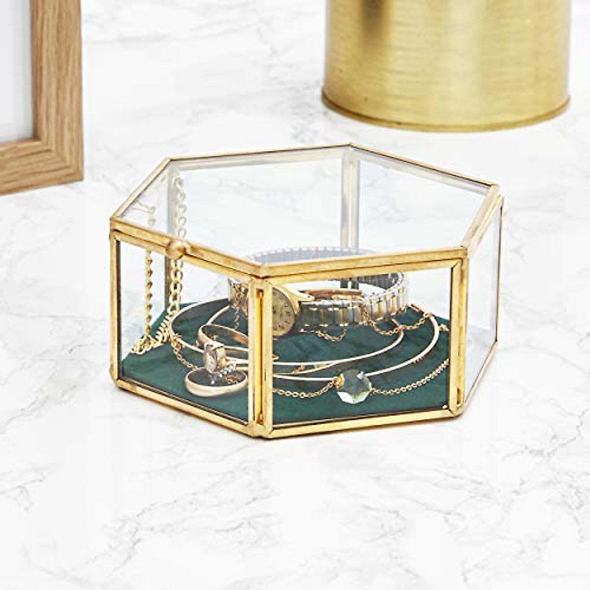 Juvale Velvet Glass Jewelry Box, Gold Hexagon Box for Trinkets (5 x 4.5 x 2.1 In)