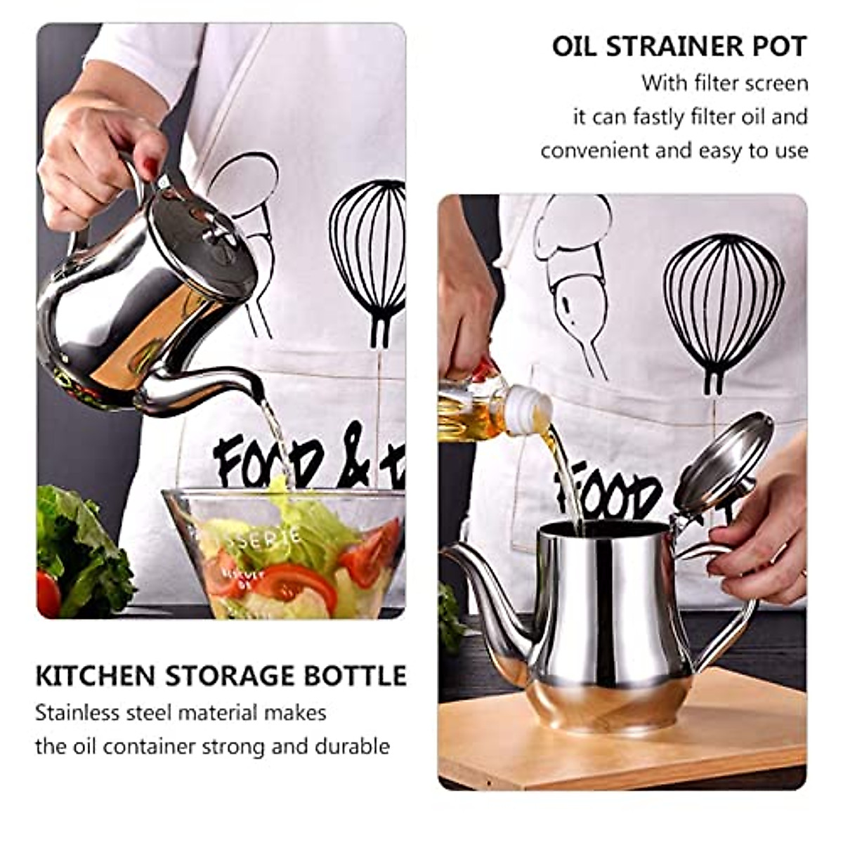 Stainless Steel Oiler with Strainer, Bacon Grease Container with Strainer and Spout, Reusable Stainless Steel Oiler for Bacon Grease, 304 Stainless Steel Oil Strainer Pot for Kitchen (24 oz)