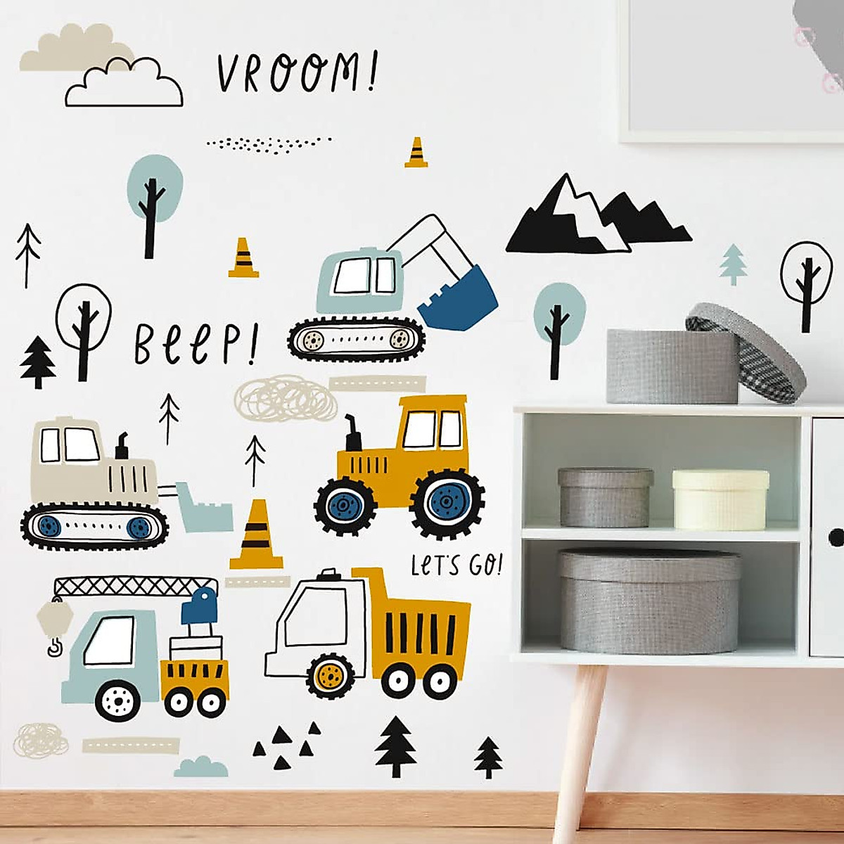 Mulaibdin 37 pcs Cartoon Bulldozer Digger Wall Stickers, Adorable Baby Boys Room Decor, Hand-Painted Style Crane Truck Wall Decals for Bedroom Nursery, Construction Wall Murals Peel and Stick (37PCS)