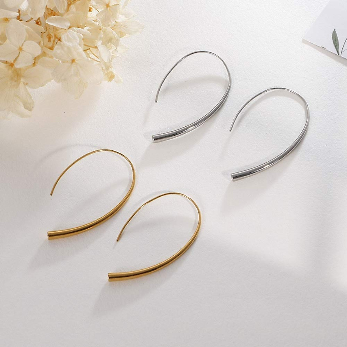 Open Hoop Earrings - Upside Down Threader Earrings, Surgical Titanium Steel Hypoallergenic (Silver)