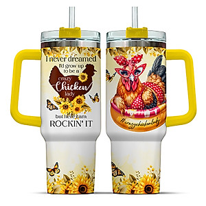 99OWL Crazy Chicken Lady Sunflower, Tumbler 40 Oz With Handle Lid And Straw, Chicken Gifts, Yellow Tumblers Coffee Cups Breed Handle Boss Swig Lovers Spring Women Butterfly