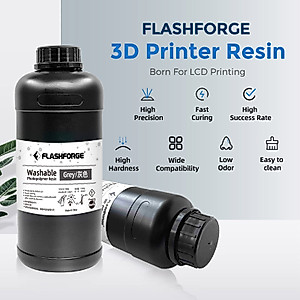 FLASHFORGE Water Washable 3D Printer Resin, 1000g Grey LCD UV Fast Curing Resin, 405nm Standard Photopolymer Resin for LCD 3D Printing