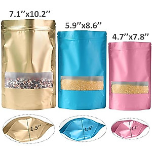 MENJITO 150 Pcs Stand-up Food Storage Bags with Window | 4.7"x7.8" Pink (50 Pcs), 5.9"x8.6" Blue (50 Pcs), 7.1"x10.2" Gold (50 Pcs) | Zip Lock Self-sealing Storage Bags | Reusable and Resealable