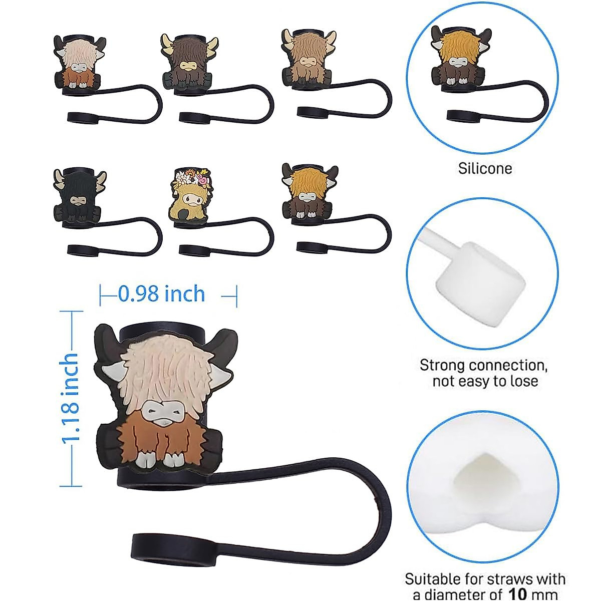 Straw Toppers, 6PCS 10mm Highland Cow Straw Cover Compatible with Stanley Yeti Tumbler Straw, 0.4in Cow Straw Topper Cap, Cute Stanley Cup Accessories