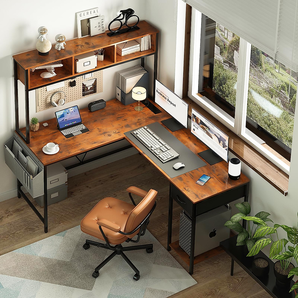 Yoobure L Shaped Desk with LED Strip & Power Outlet, Reversible L-Shaped Computer Desk, Corner Desks Home Office Desk with Drawer, Gaming Desk