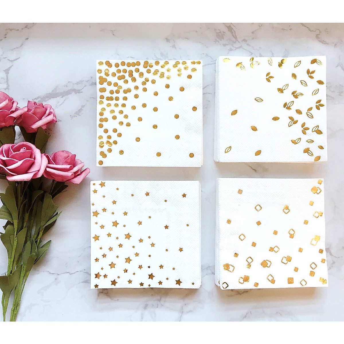 100 PK Gold Napkins - 4 Assorted Designs - 3-Ply Cocktail Napkins Folded 5 x 5 Inches Bar Napkins Disposable Party Napkins Paper Napkins Dinner for Wedding Baby Shower Birthday Graduation 2022