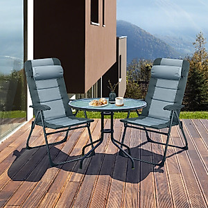 GYMAX Patio Chairs with Ottomans, Outdoor Recliner Set of 2 with 7-Level Backrest, Armrest, Detachable Headrest & Back Pocket, Padded Folding Camping Lounger for Lawn Balcony Backyard (2)