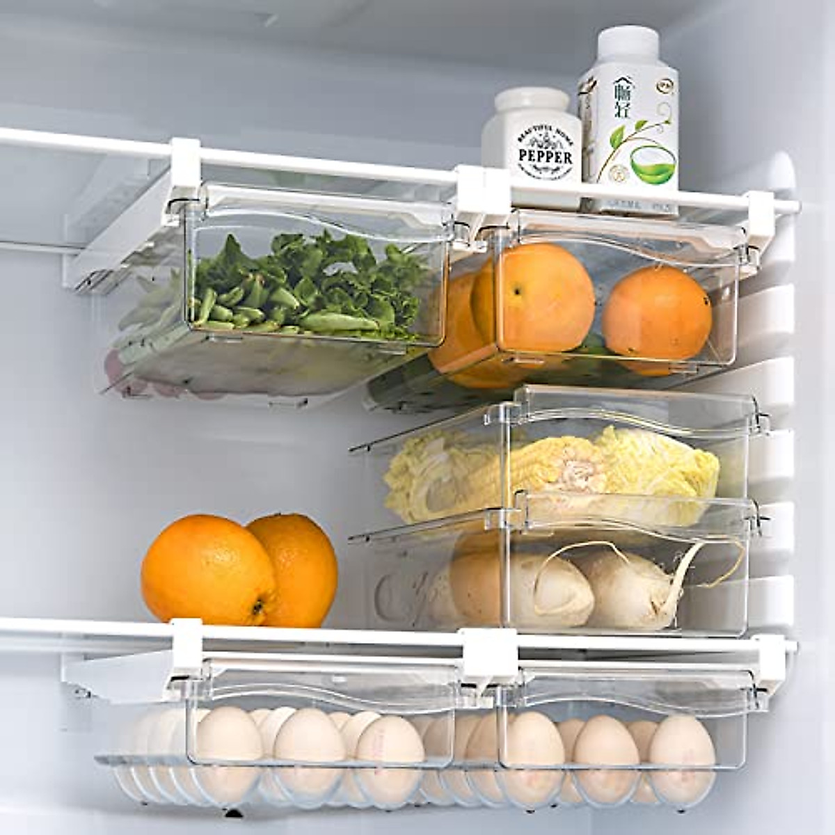 2 Pack Fridge Drawer Organizer, Pull-outrefrigerator Vegetable Drawer Box & Egg Drawer for Refrigerator, Reusable Fruit Storage Containers for Fridge, Multifunctional Food Fridge Organizer