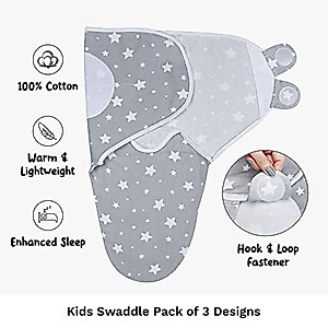 ikads Baby Swaddle 0-3 Months 100% Cotton Swaddles for Newborns - Small/Medium 3-Pack Wearable Baby Wrap Swaddle Blanket with Adjustable Hooks & Loop - Easy to Use Sleep Sack (Grey)