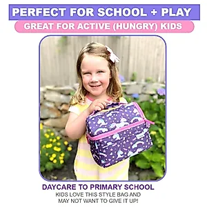 kinsho Unicorn Toddler Lunch Box for Girls Kids, Insulated Bag for Baby Girl Daycare Pre-School Kindergarten, Container Boxes for Small Kid Snacks Lunches, 2 Compartments, Unicornio Purple