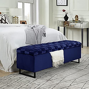 Inspired Home Velvet Storage Ottoman - Hand Woven Entryway Bench with Storage and Foot Rest, Navea, Navy
