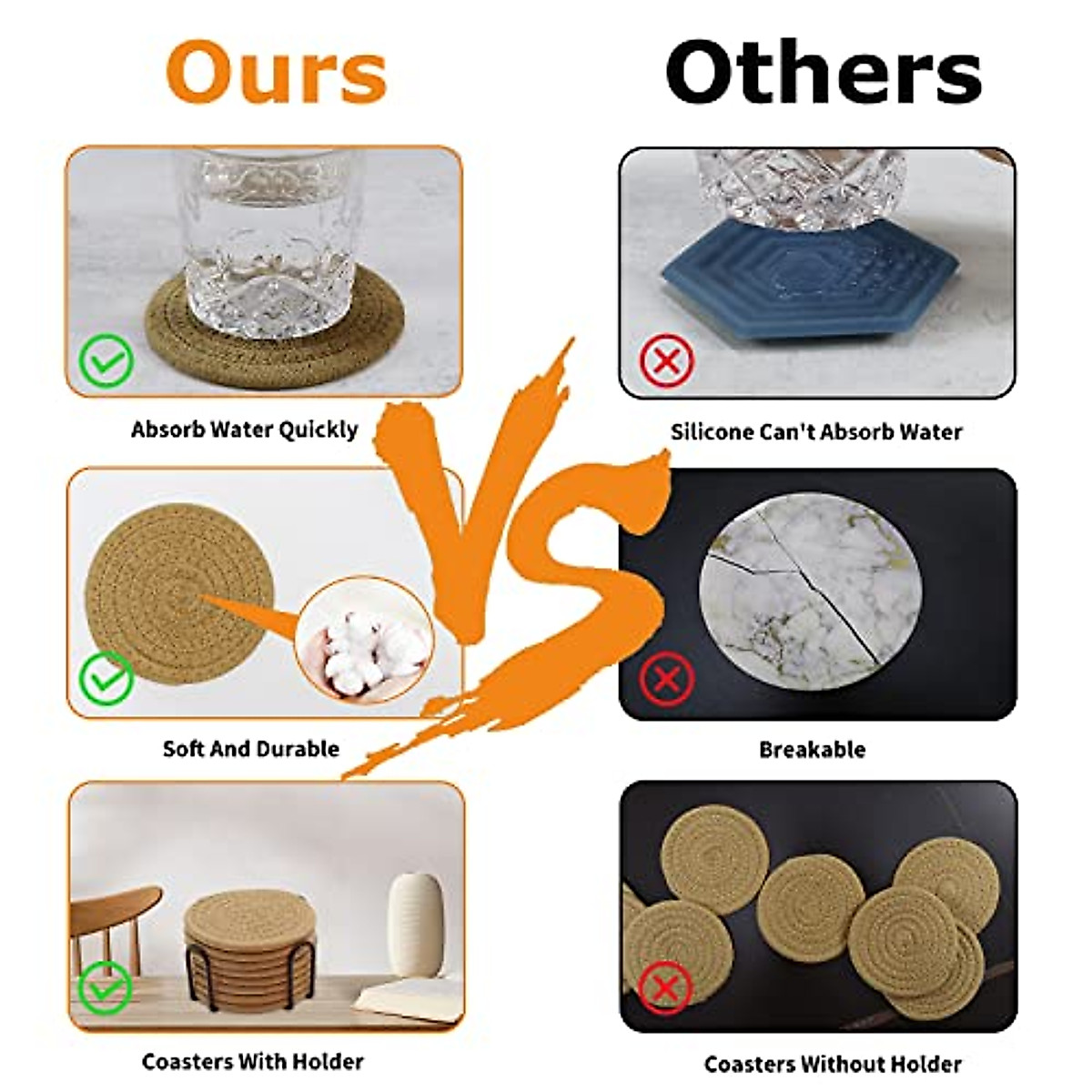 Coomin Coasters with Holder, 8pcs Absorbent Coasters for Drinks, Cotton Woven Farmhouse Coasters for Coffee Table, Suitable for Home Decor, Housewarming Gifts and Kinds of Cups