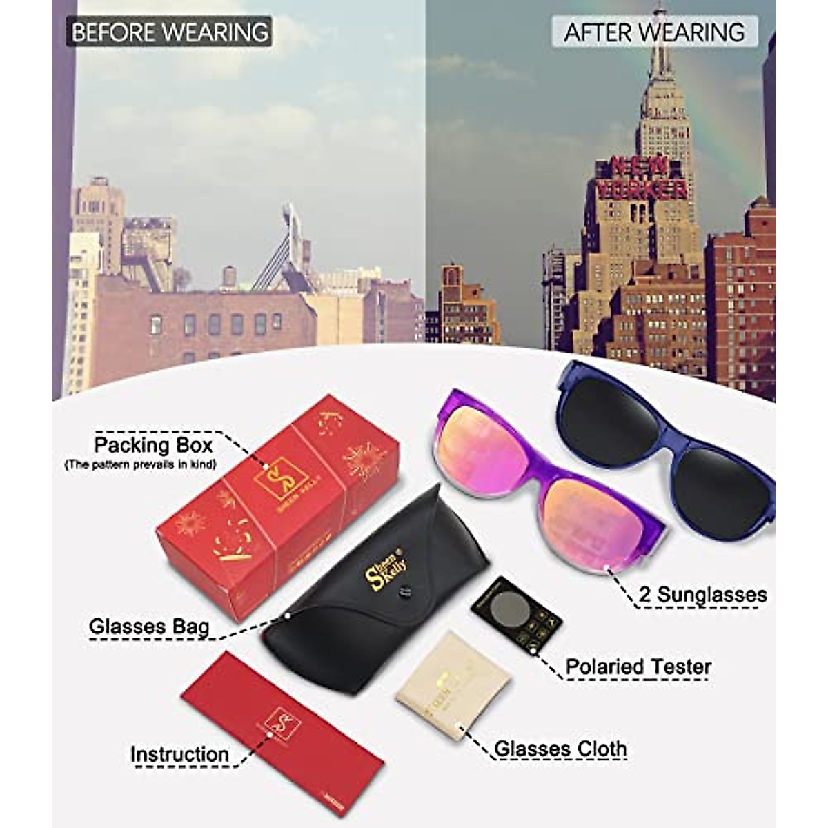 SHEEN KELLY 2PCS Oversized Polarized Fit Over Sunglasses Women Men TR90 Mirrored Over Glasses Cat Eye Driver Goggles