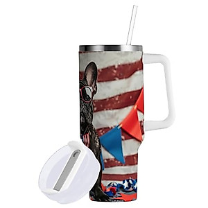 ODAWA a Black French Bulldog Wearing Sunglasses and a Insulated Tumbler 30 Oz Travel Coffee Mug with Handle and Straw