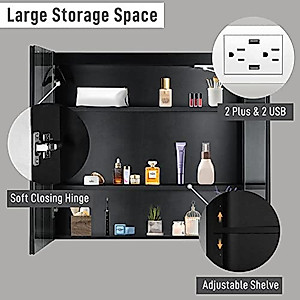 FCH Bathroom Medicine Cabinet with Dimmable LED Mirror, 32"×28" Anti-Fog LED Lighted Mirror Bathroom Cabinet Wall Mounted with 2 Outlets 2 USB Ports 2 Inside and Outside Mirror Doors
