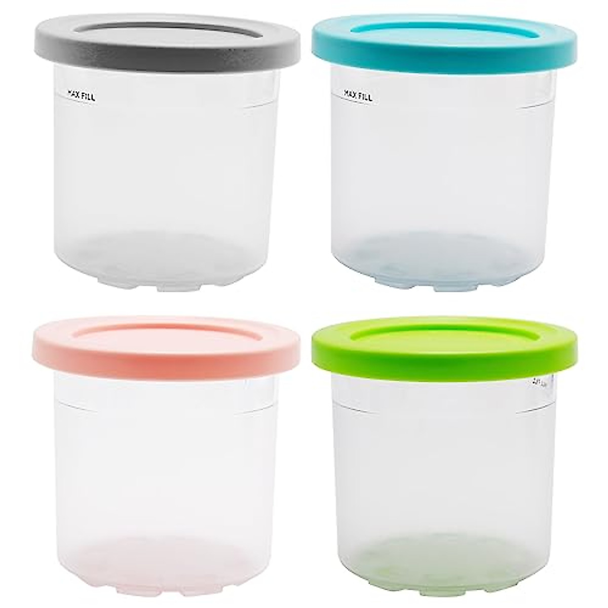 4 Pack Ice Cream Containers Replacement for Ninja Creami Ice Cream Makers NC300, NC301 & NC299AMZ Series, Reusable, BPA-Free & Dishwasher Safe, Airtight, Gray/Blue/Pink/Green Lids
