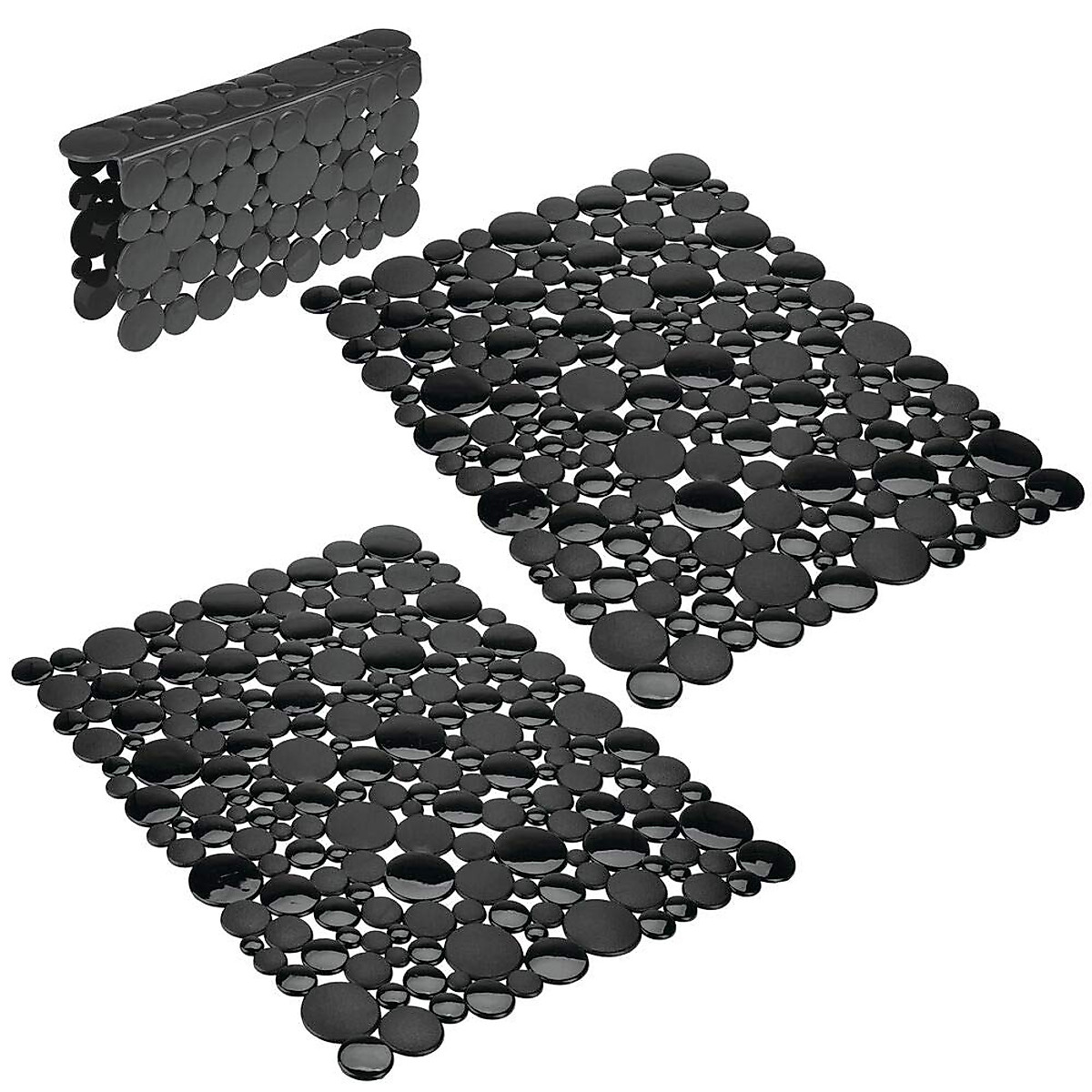 mDesign Decorative Kitchen Plastic Sink Protector Set, Quick Draining - Protect Surfaces and Dishes - Modern Bubble Design - Includes 1 Saddle, 2 Large Mats - Set of 3 - Black