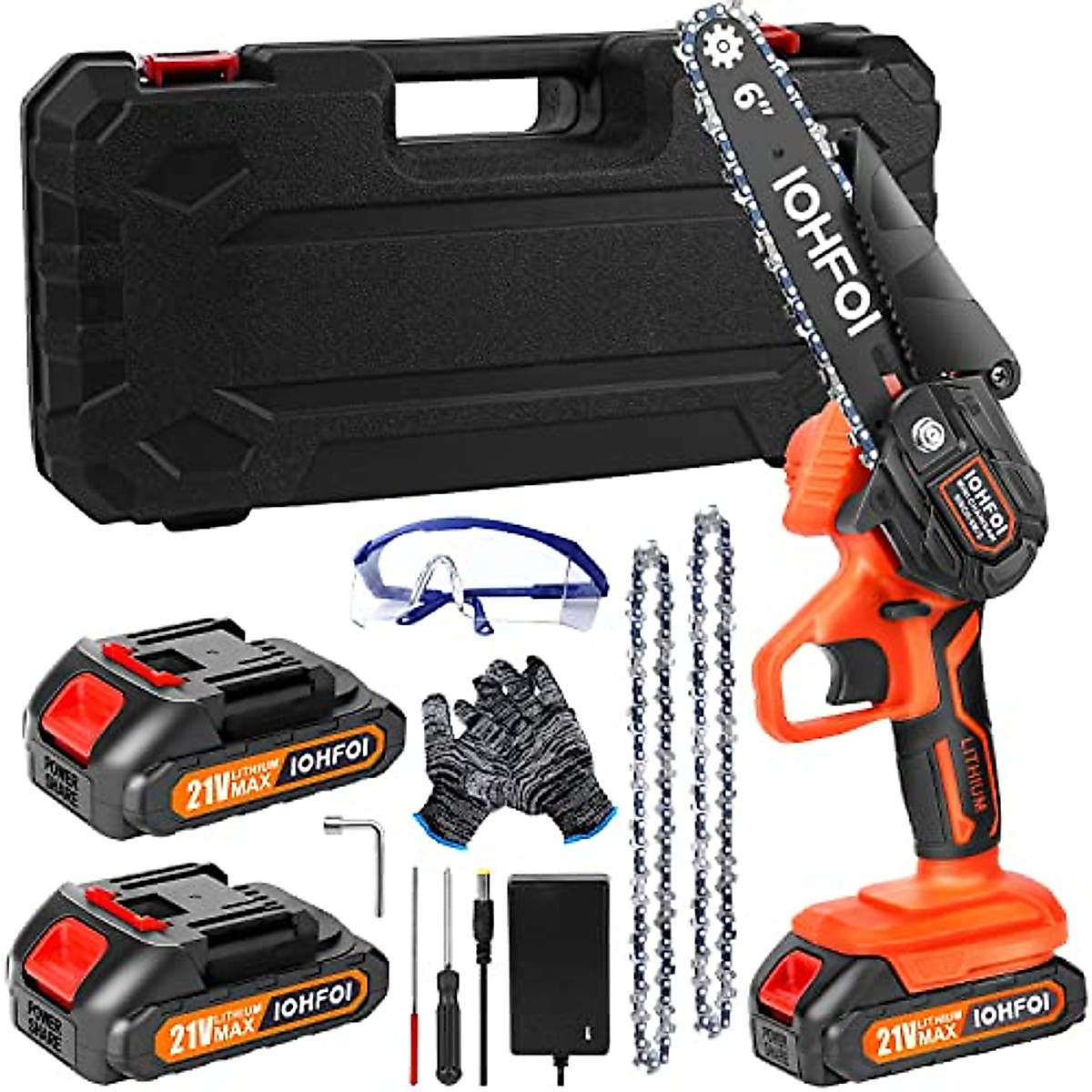 IOHFOI Mini Chainsaw, 6 Inch Cordless Electric Handheld Chain Saw with Security Lock, 21V 7500mAh Rechargeable Battery Powered Small Chainsaw for Wood Cutting, Tree Branches, Camping and Garden