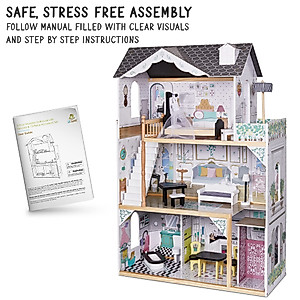 Lil' Jumbl Kids Wooden Dollhouse, with Elevator, Balcony & Stairs, Accessories & Furniture Included X-Large 3 Story Easy to Assemble Doll House Toy
