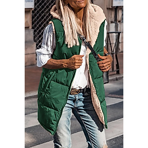 PRETTYGARDEN Womens 2025 Fall Reversible Vests Sleeveless Fleece Jacket Zip Up Hoodie Pockets Long Warm Winter Coat Outerwear (Dark Green,Large)