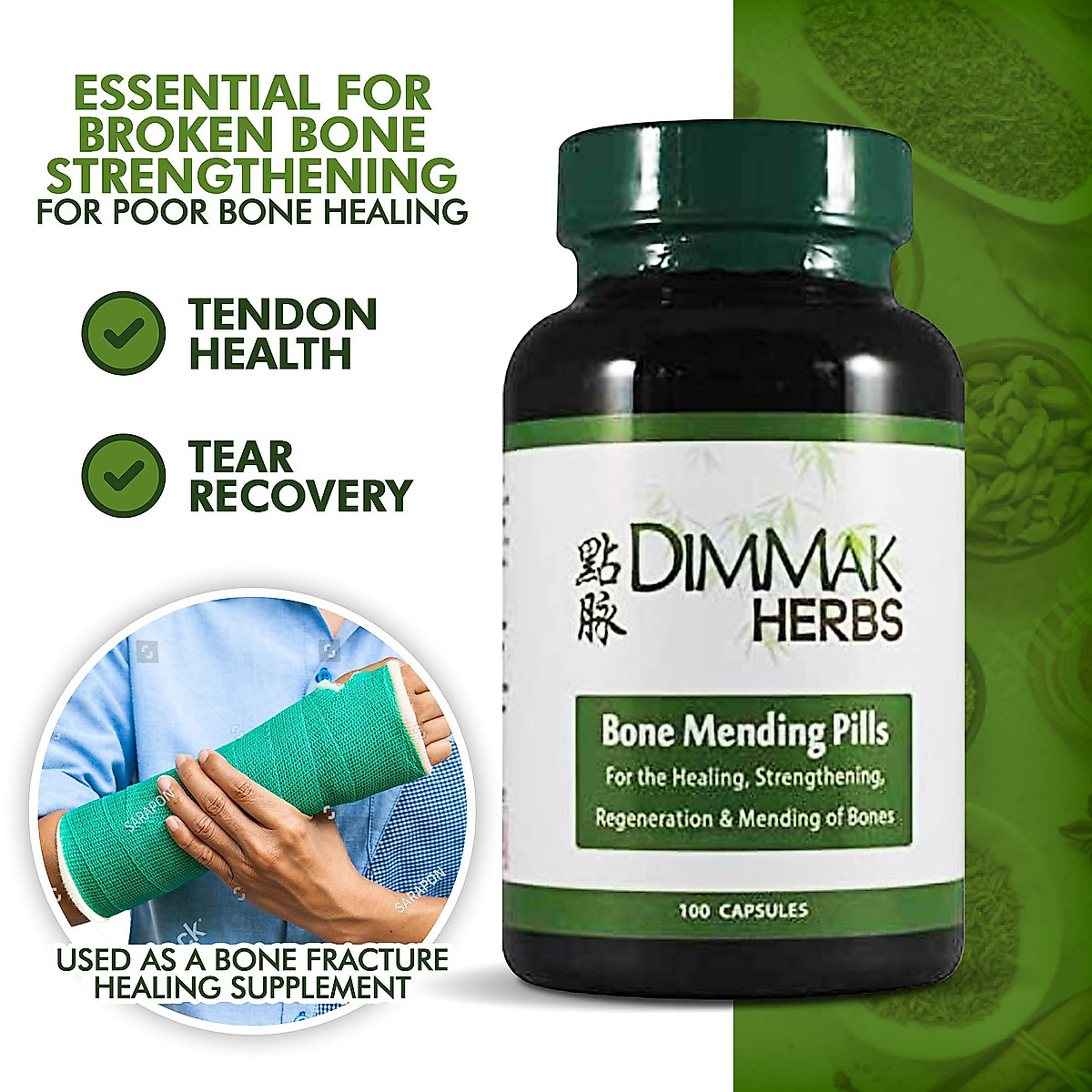 Certified Organic Bone Mending Pills by Dimmak Herbs, Bone Fracture Healing Supplement, Bone Strengthening Pills, Chinese Medicine Herbs - 100 caps 500mg