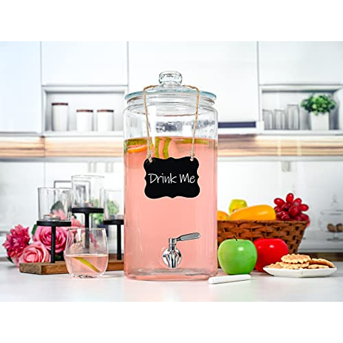 2 Gallon Beverage Serveware with Stainless Steel Spigot + Marker & Chalkboard 100% Leakproof Glass Drink Dispenser for Parties with Spout, Airtight Beverage Dispenser for Water Juice Laundry