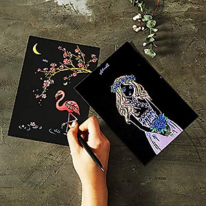 Scratch Paper Art Set, 8 Sheets Rainbow Painting Scratch Off Art Cherry Blossom & Animal Mini Postcard, Art Craft Supplies for Adults Girls & Boys Thanksgiving Christmas Birthday Party Game Gift