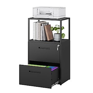 MIIIKO Office File Cabinet with 2 Drawers and Shelf, Metal Vertical Filing Cabinet with Lock, Lateral Two Drawers for Storage Letter/Legal Size File Folders, Top Shelf for Printer Stand