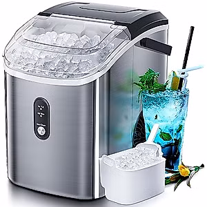 Nugget Countertop Ice Maker with Soft Chewable Ice, 34Lbs/24H, Pebble Portable Ice Machine with Ice Scoop, Self-Cleaning, One-Click Operation, for Kitchen,Office Stainless Steel Silver
