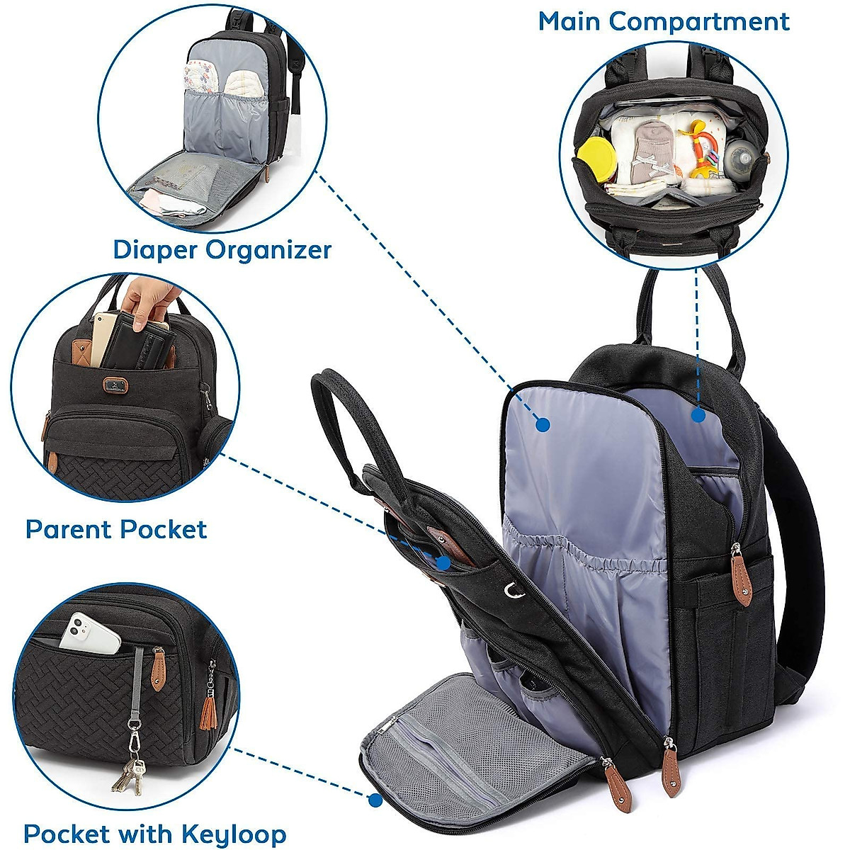 Dikaslon Diaper Bag Backpack, Stroller Hooks, Large Unisex Baby Bags with Changing Pad, Pacifier Case and Universal Stroller Clips for Mom Dad