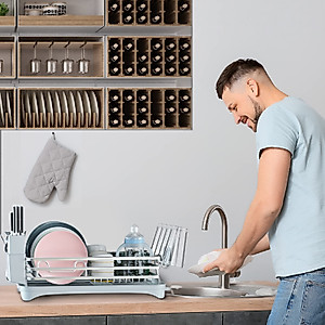 HIPPIH Dish Racks for Kitchen Counter, Dish Drying Rack with Drainboard Aluminum Compact Rustproof Dish Drainer with Adjustable Swivel Spout and Removable Utensil Racks