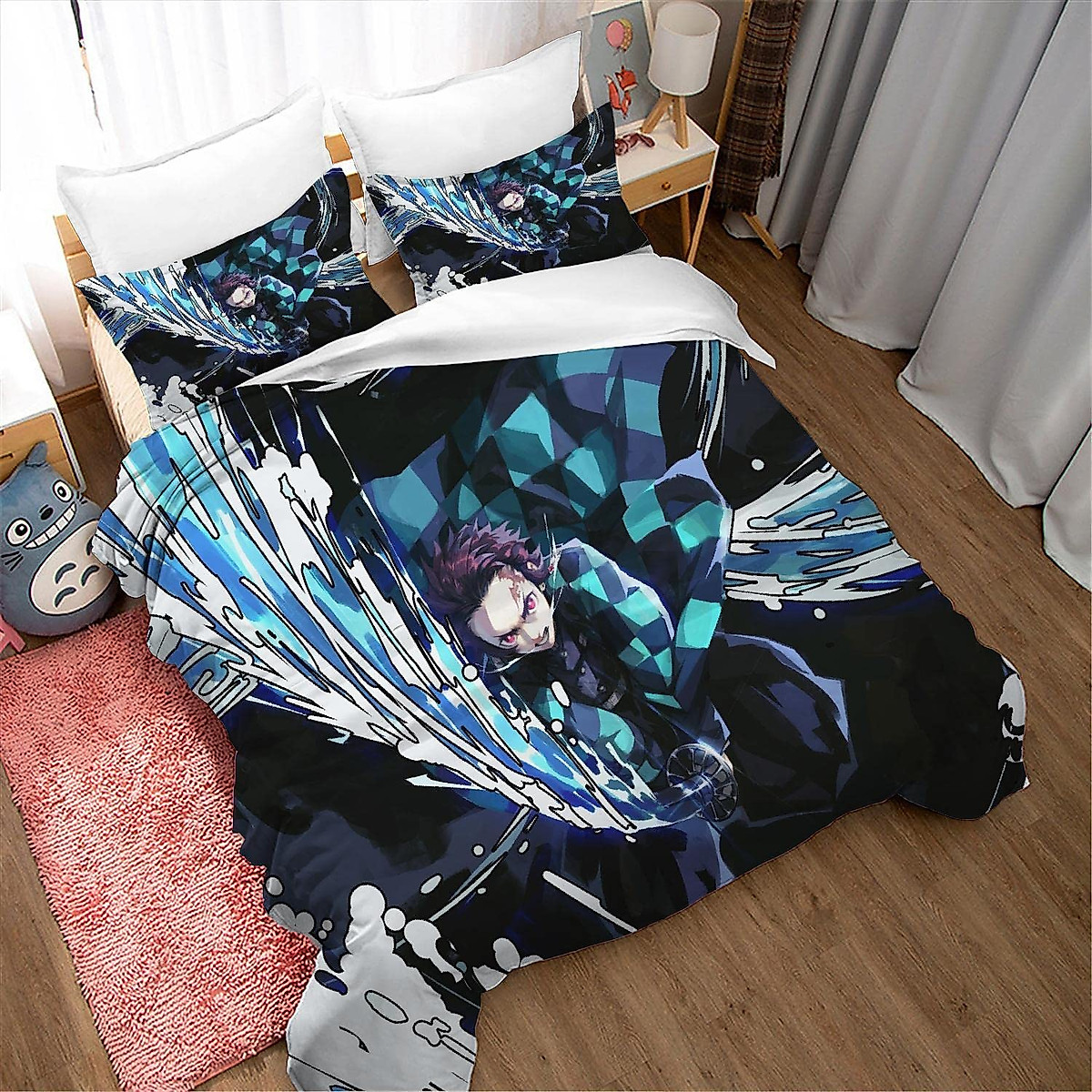 NICHIYOBI Devil Slayer Anime Tanjirou Duvet Cover Set 3D Bedding Comforter Cover 3 Pcs (1 Duvet Cover+2 Pillowcases) Bedding Set (01,Queen-90x90in+20x30in*2)