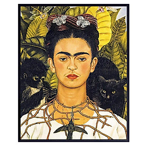 Poster - 8x10 Mexican Art Wall Decor Picture Print for Bedroom, Living Room, Home, Apartment - Gift for Women, Woman Artist - Monkey, Cat, Hummingbird Self-Portrait Painting - Unframed