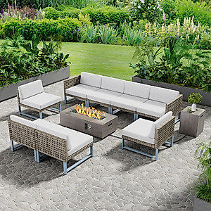 SUNPEAK Patio Furniture Set Outdoor Furniture Sectional Couch Fire Pit Table and Chairs Set with Propane Firepit (Light Brown Wicker, 9 pcs/42‘’ Rectangular Fire Pit)