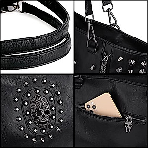 UTO Women Skull Tote Bag PU Washed Leather Rivet Studded Ladies Purse Shoulder Bag
