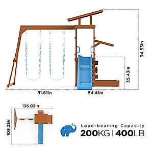 Dolphin Playground Swing Sets for Backyard with Slide, Wooden Outdoor Playset for Kids with Sandbox, Rock Climbing Wall, 2 Belt Swings, and Fort, Playground Sets for Backyards, Kids 3-6