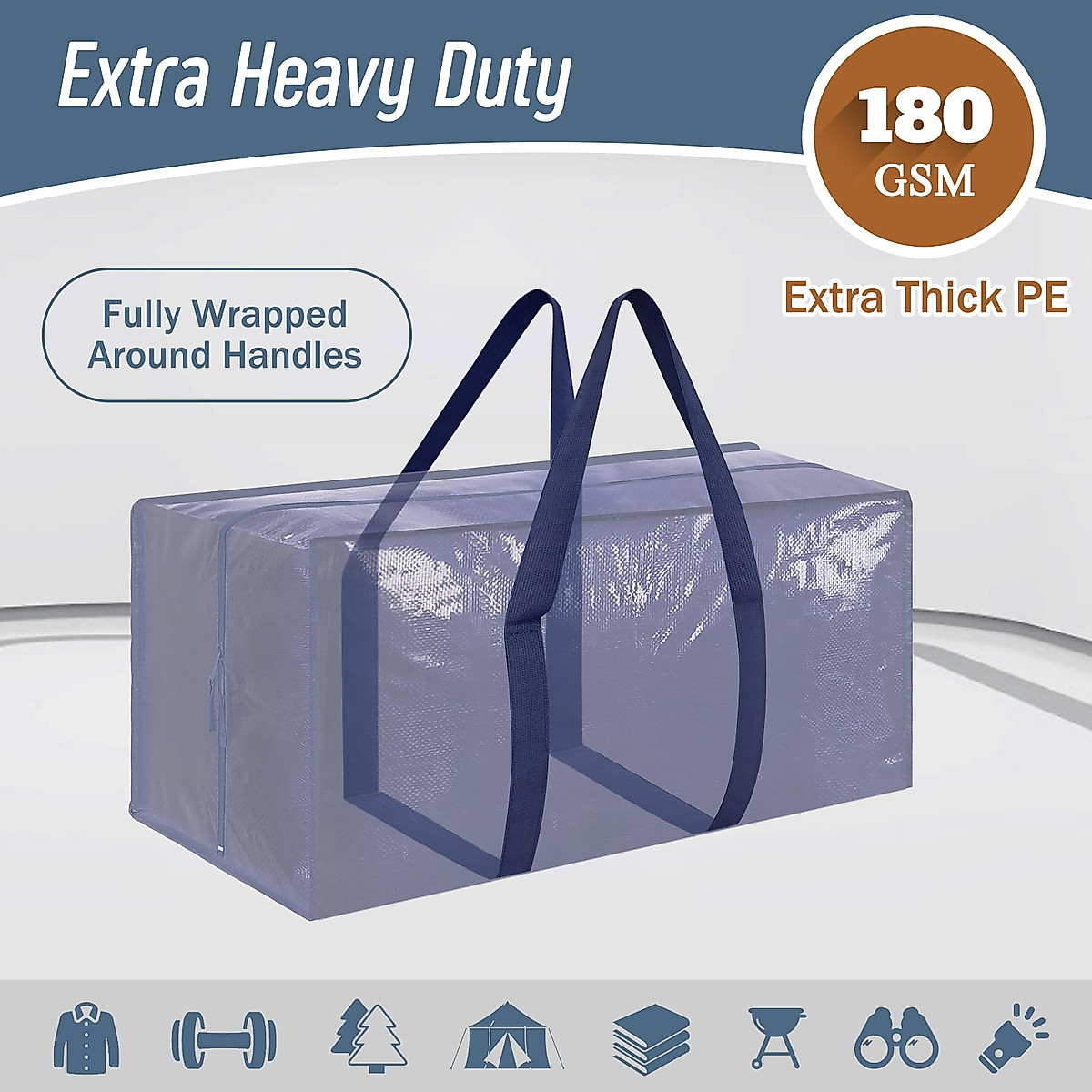 6 Pack Extra Heavy Duty Large Moving Bags with Strong Zipper & Comfortable Handles, Sturdy & Durable Clothes Storage Bags Totes Bins, Blue Packing Moving Boxes for College Supplies, Dark Blue