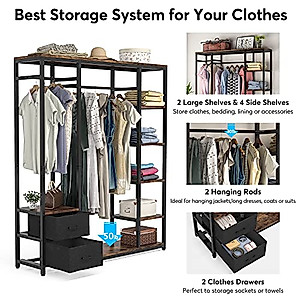 Tribesigns Freestanding Closet Organizer with 2 Drawers, 59 inch Heavy Duty Clothes Garment Rack with Shelves and Double Hanging Rod, Metal Clothing Rack Wardrobe for Bedroom, Rustic Brown