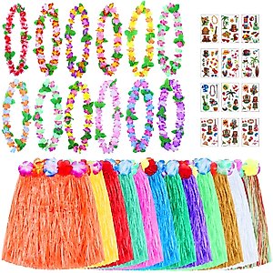 Elcoho 36 Pack Hawaiian Party Decorations Set Including 12 Pack Hawaiian Grass Skirt 12 Pack Luau Leis Necklaces and 12 Pack Hawaiian Temporary Tattoos for Luau Party Supplies