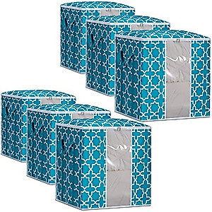 PFFVRP Storage Bags 100L 6-Pack, Blanket Clothes Organization with Reinforced Handle and Clear Window, Foldable with Sturdy Zipper, Large Capacity Comforter Storage Bag(Blue)