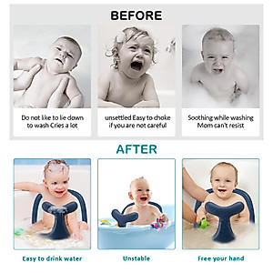 Whale Shape Baby Bath Seat – 3 Bath Toys + Bath Brush + Shower Cap – Ergonomic Backrest – Elastic and Breathable – 4 Strong Non-Slip Suction Cups – Ideal Gift! (Blue)