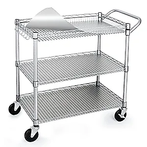WDT Commercial Grade Heavy Duty Utility Cart 990Lbs Capacity, 3 Tier Wire Rolling Cart with Wheels, Metal Service Carts with Handle Bar,Shelving Liners,Hooks for Kitchen, Restaurant